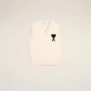 AMI Paris Sleeveless V-neck Wool Sweater With De Coeur Logo - Off White/black