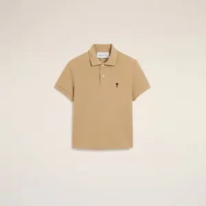 AMI Paris Beige Cotton Polo Shirt With De Coeur Embroidery - Mastic Beige/black