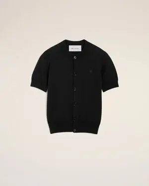 AMI Paris Black Wool Short-sleeve Cardigan With De Coeur Black - Black/black