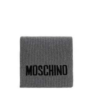 Moschino Intarsia Knit Logo Ribbed Scarf - Grey