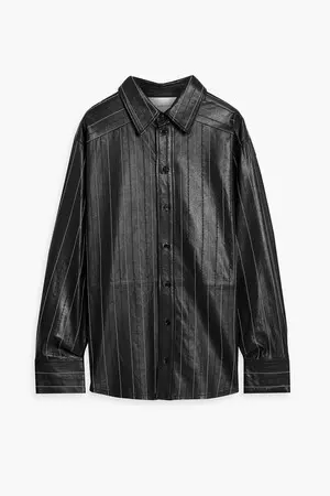 Victoria Beckham Embroidered Pinstriped Leather Shirt