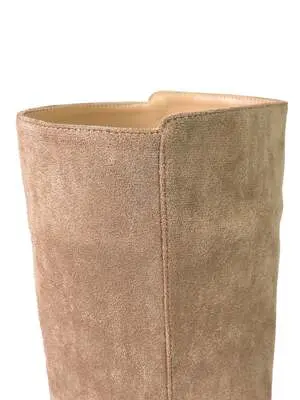 Frederick's Of Hollywood Janeth Suede Ankle Knot Chunky Heel Boots - Taupe