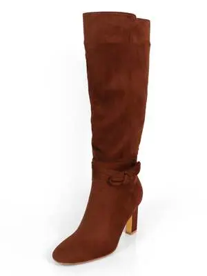 Frederick's Of Hollywood Janeth Suede Ankle Knot Chunky Heel Boots - Cognac