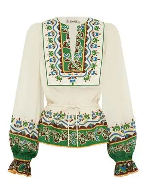 ALEMAIS Relaxed Ramie Blouse With Floral Border Print - Bianco