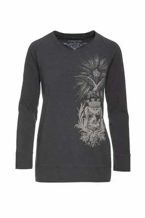 CONQUISTA Round Neckline Dark Print Top - Grey