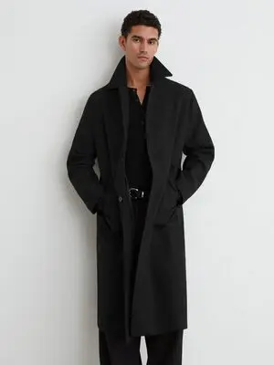 REISS Clyde Wool-blend Twill Single-breasted Overcoat - Black