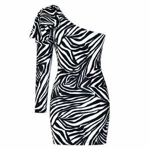 ROSIE BILLINGTON Zebra Print One Shoulder Bow Mini Dress - Black/white