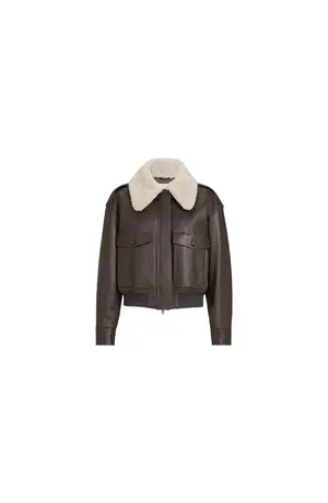 Brunello Cucinelli Polished Nappa Leather Aviator Jacket With Detachable Shearling Collar And Monili