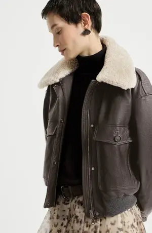 Brunello Cucinelli Polished Nappa Leather Aviator Jacket With Detachable Shearling Collar And Monili