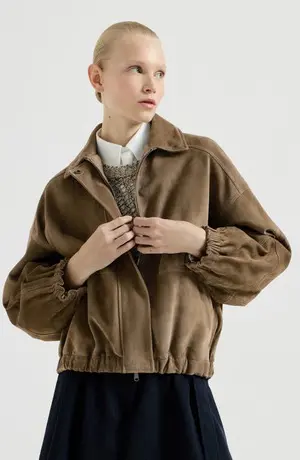 Brunello Cucinelli Couture Suede Outerwear Jacket With Shiny Zipper Pull