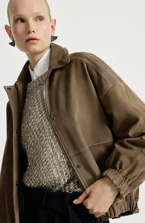 Brunello Cucinelli Couture Suede Outerwear Jacket With Shiny Zipper Pull