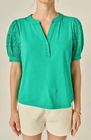 English Factory Mixed Media Eyelet Sleeve Top - Green