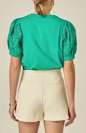English Factory Mixed Media Eyelet Sleeve Top