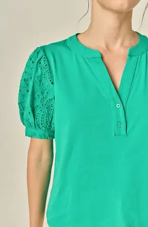 English Factory Mixed Media Eyelet Sleeve Top