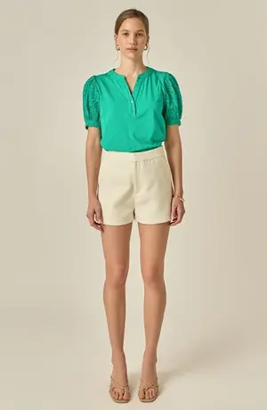 English Factory Mixed Media Eyelet Sleeve Top