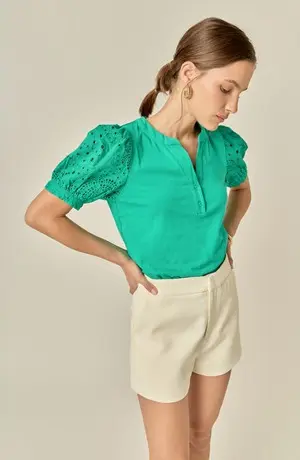 English Factory Mixed Media Eyelet Sleeve Top