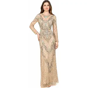 LARA NEW YORK Long Sleeve Beaded Gown - Nude/multi