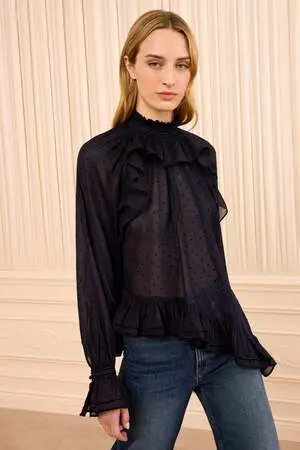 Ulla Johnson Marcella Long Sleeve Cotton Blouse With Polka Dot Motifs And Velvet Trim