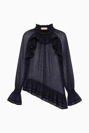 Ulla Johnson Marcella Long Sleeve Cotton Blouse With Polka Dot Motifs And Velvet Trim