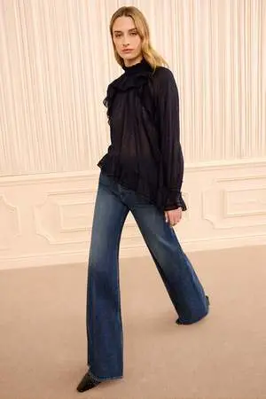 Ulla Johnson Marcella Long Sleeve Cotton Blouse With Polka Dot Motifs And Velvet Trim - Nightfall
