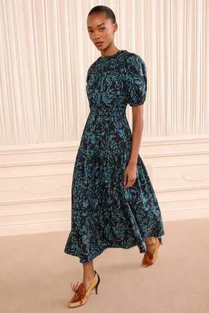 Ulla Johnson Puff Sleeve Printed Cotton Midi Dress - Midnight