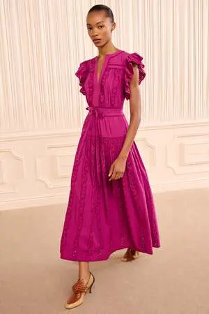 Ulla Johnson Dani Cotton Midi Dress With Scalloped Eyelet Embroidery - Orchid