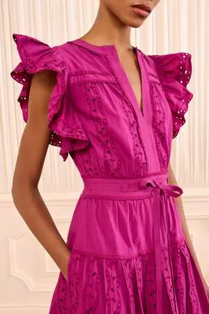 Ulla Johnson Dani Cotton Midi Dress With Scalloped Eyelet Embroidery - Orchid
