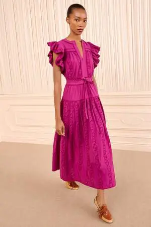 Ulla Johnson Dani Cotton Midi Dress With Scalloped Eyelet Embroidery - Orchid