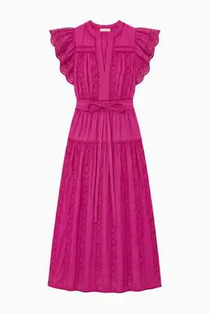 Ulla Johnson Dani Cotton Midi Dress With Scalloped Eyelet Embroidery - Orchid