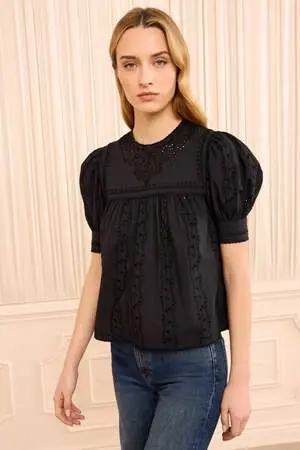 Ulla Johnson Short Sleeve Cotton Top With Puff Sleeves And Eyelet Embroidery - Noir