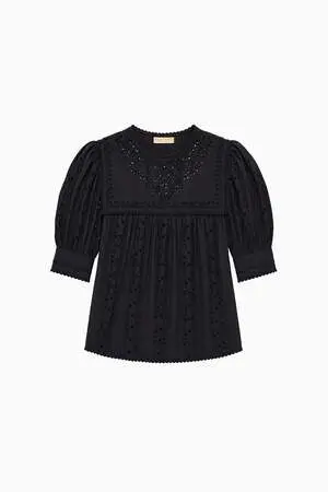 Ulla Johnson Short Sleeve Cotton Top With Puff Sleeves And Eyelet Embroidery