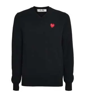Play Comme Des Garcon Wool Rhinestone Heart V-neck Sweater