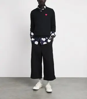 Play Comme Des Garcon Wool Rhinestone Heart V-neck Sweater