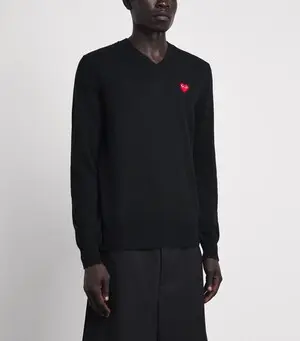 Play Comme Des Garcon Wool Rhinestone Heart V-neck Sweater