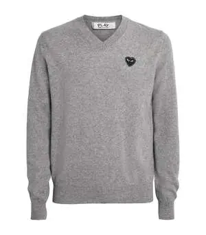 Play Comme Des Garcon Wool V-neck Rhinestone Heart Sweater - Grey