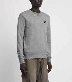 Play Comme Des Garcon Wool V-neck Rhinestone Heart Sweater