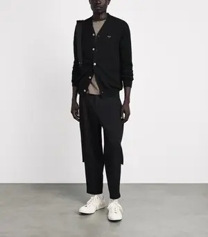 Play Comme Des Garcon Wool Rhinestone Heart Cardigan