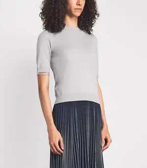 Fabiana Filippi Virgin Wool-cotton T-shirt With Tulle Cuffs - Grey