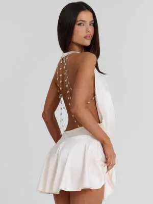 OUTCAST Haley Mini Dress Satin Cowl Neck With Embellished Open Back