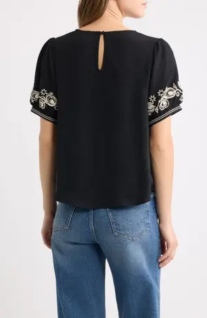 Bobeau Embroidered Sleeve Peasant Top