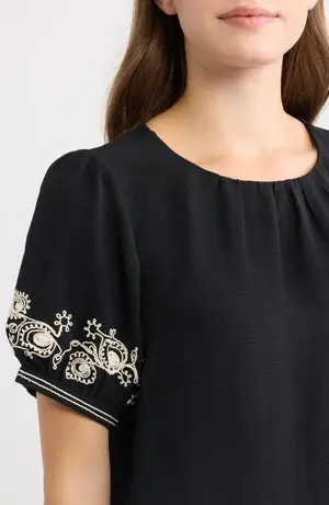 Bobeau Embroidered Sleeve Peasant Top