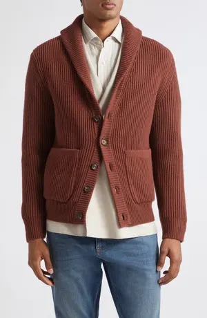 Eleventy Shawl Collar Ribbed Wool Cardigan - Amber