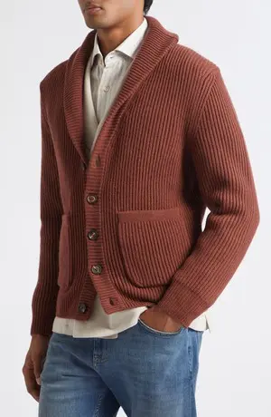 Eleventy Shawl Collar Ribbed Wool Cardigan