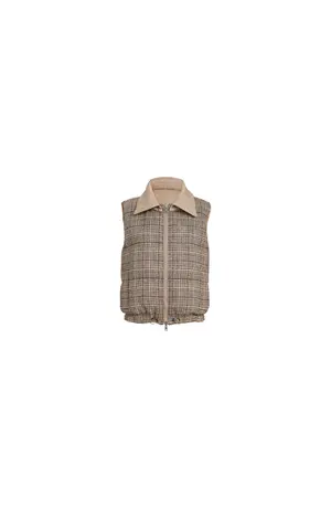 Brunello Cucinelli Reversible Down Vest With Detachable Leather Collar And Monili - Camel
