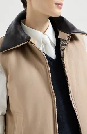 Brunello Cucinelli Reversible Down Vest With Detachable Leather Collar And Monili - Camel