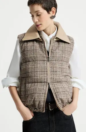 Brunello Cucinelli Reversible Down Vest With Detachable Leather Collar And Monili - Camel