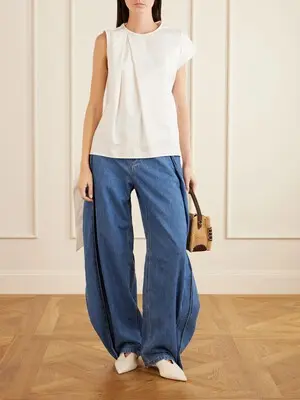 JW Anderson Asymmetrical Pleated Cotton Top With Tie Detail - Neutrals