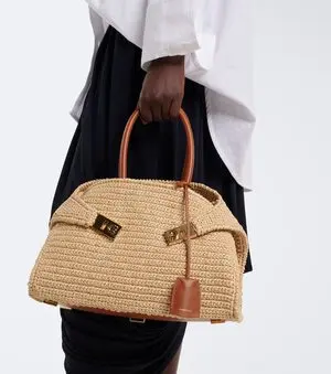 FERRAGAMO Hug Medium Raffia Shoulder Bag