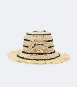 GANNI Striped Raffia Bucket Hat - Beige