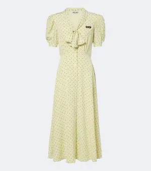 Miu Miu Polka-dot Tie-neck Silk Midi Dress - Yellow